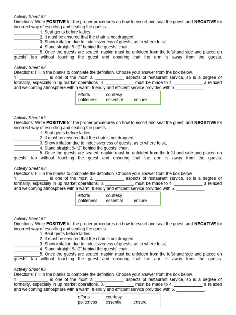 Activity Sheet 2-3 Escorting and Seating The Guest | PDF | Business