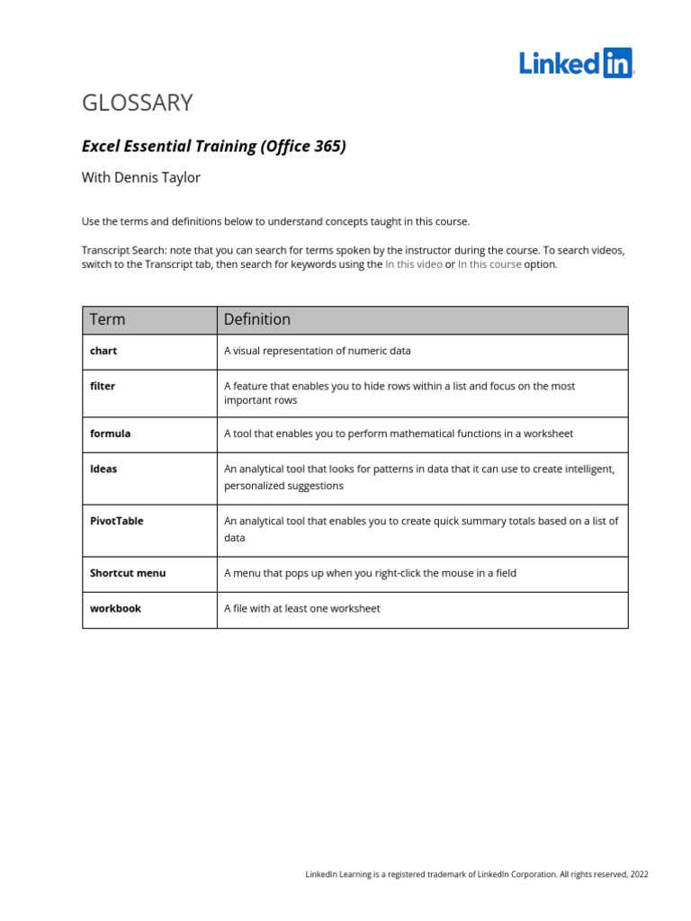 Excel 365 Essential Training Glossary | PDF