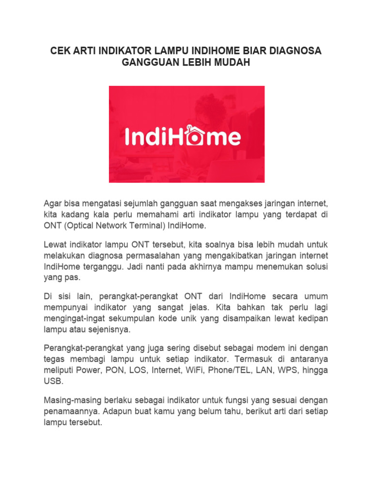Arti Indikator Lampu IndiHome | PDF