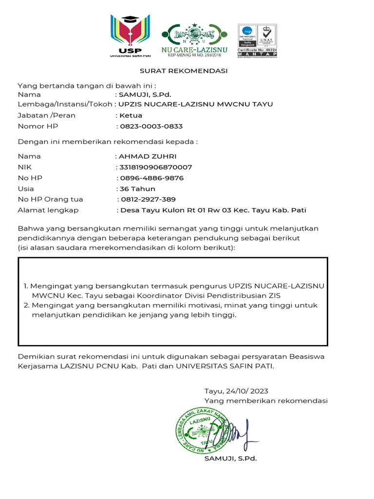 Surat Rekomendasi Beasiswa LAZISNU-Universitas Safin Pati PDF | PDF