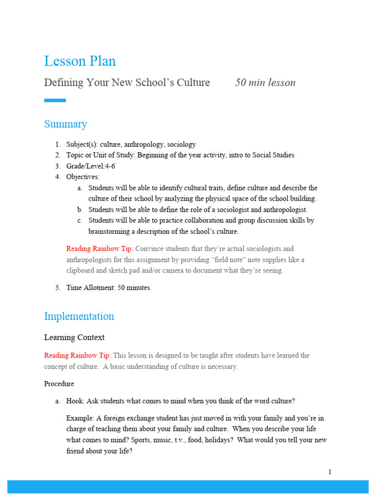 Identifying School Culture Lesson | PDF | Anthropology | Sociology