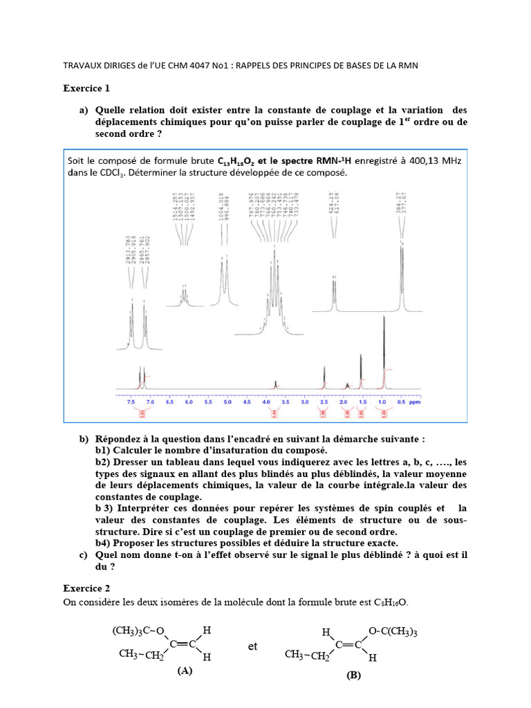Principes de base de la RMN et exercices | PDF | Spectroscopie RMN ...