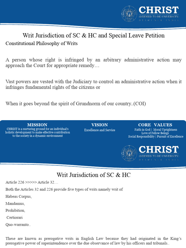 Writ Jurisdictions of Supreme Court and High Courts. | PDF | Precedent ...