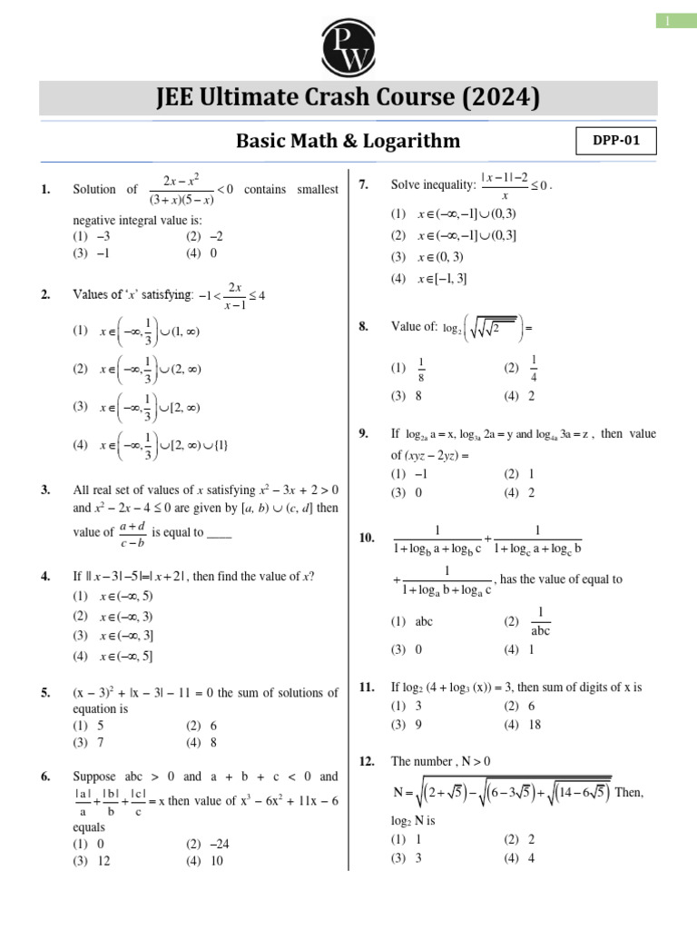 Basic Maths - DPP 01 (Of Lec 02) - JEE Ultimate Crash Course 2024 | PDF