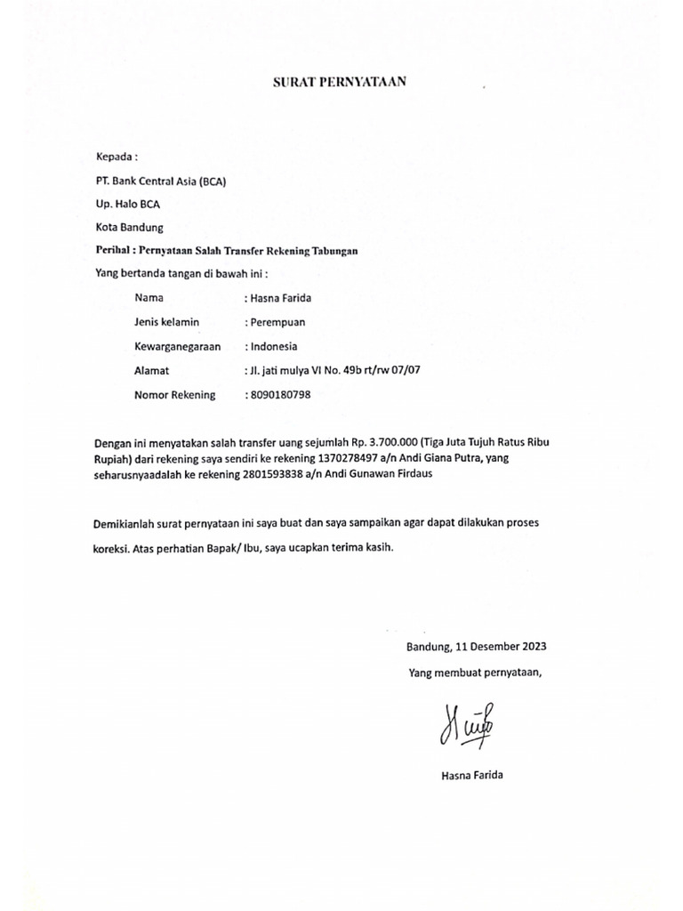 Surat Pernyataan Salah Transfer BCA | PDF
