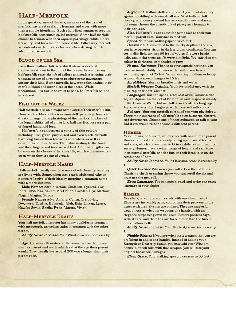 New Race Half-Merfolk - The Homebrewery | PDF