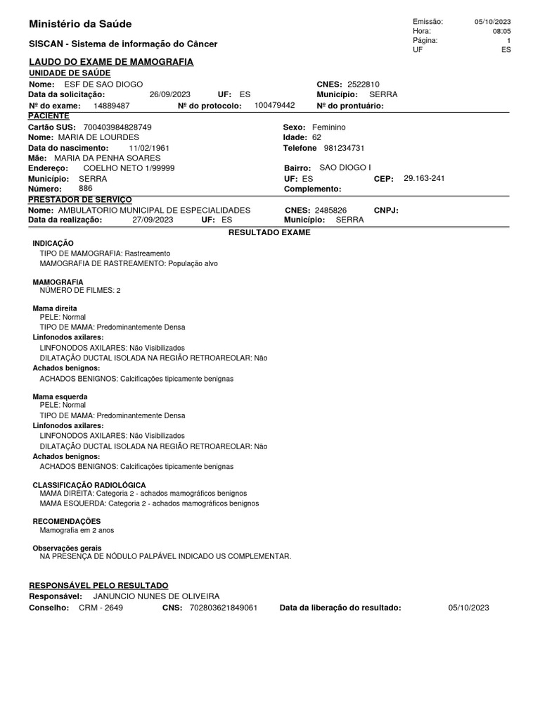 Ministério Da Saúde: SISCAN - Sistema de Informação Do Câncer Laudo Do ...