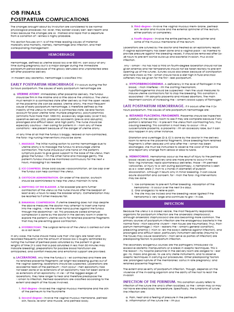Ob Finals Postpartum Complications | PDF | Childbirth | Postpartum Period