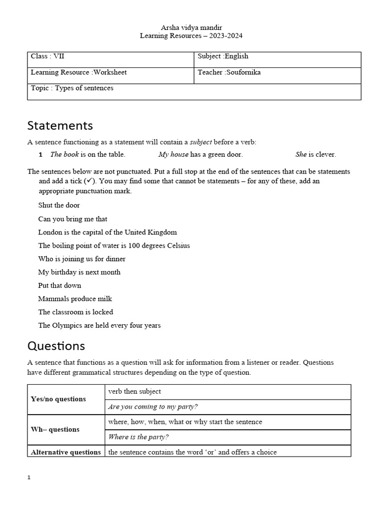 File - 1705639838 - Types of Sentences | PDF | Question | Sentence ...