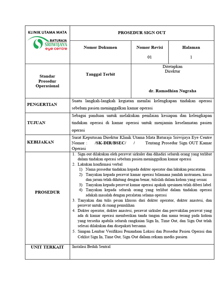 Prosedur Sign Out Kamar Operasi | PDF