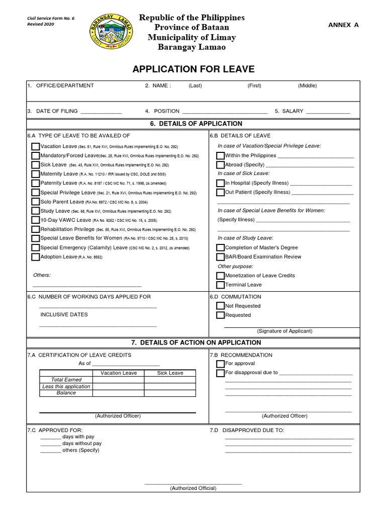 CS Form No. 6 Revised 2020 Application For Leave Secured | PDF ...