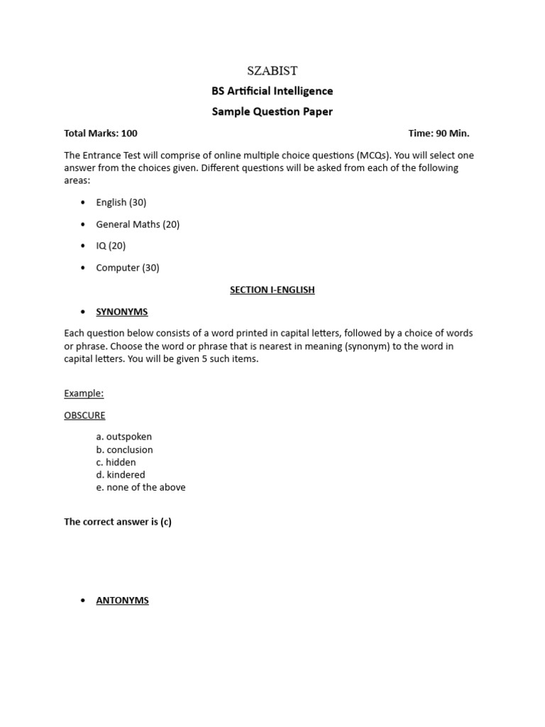 BS Artifical - SamplePaper | PDF | Numbers | Operating System
