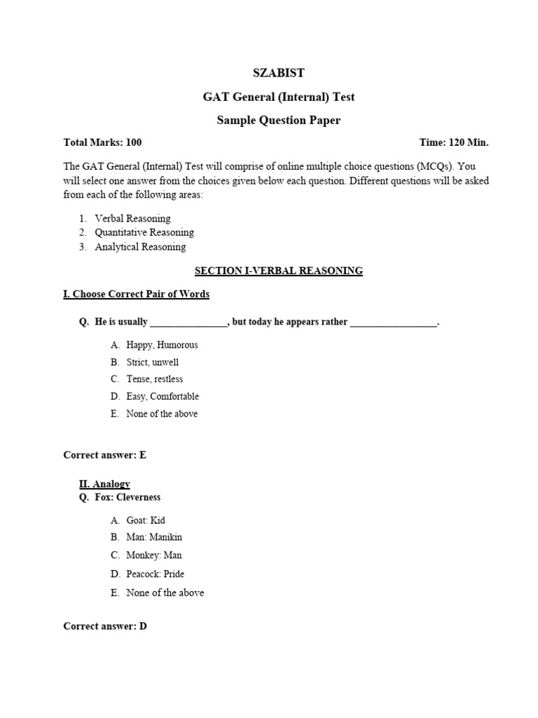 GAT General (Internal) Test Sample | PDF | Volcano | Multiple Choice