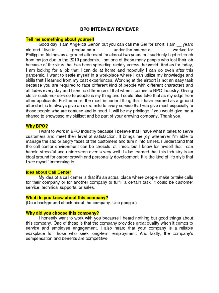 Bpo Interview Reviewer - 2 | PDF | Employment | Customer