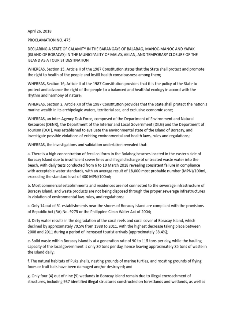 State of Calamity Proclamation in Boracay - A | PDF | Environmental ...