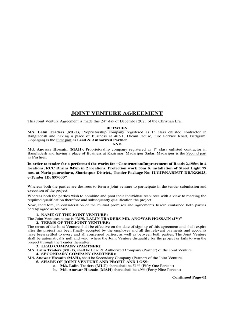 JV AGREEMENT Ms. Lalin Traders-Md. Anowar Hossain (JV) 899003 | PDF ...