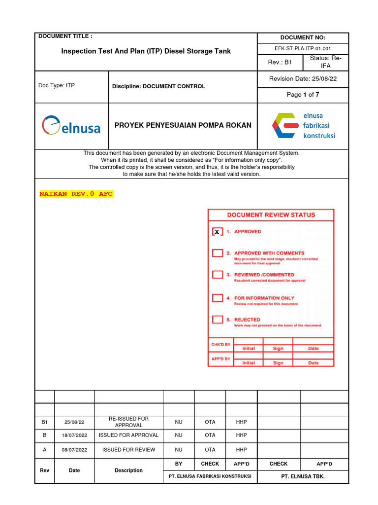Efk ST Pla Itp 01 001 Itp Diesel Storage Tank (Re Ifa) - Approved | PDF