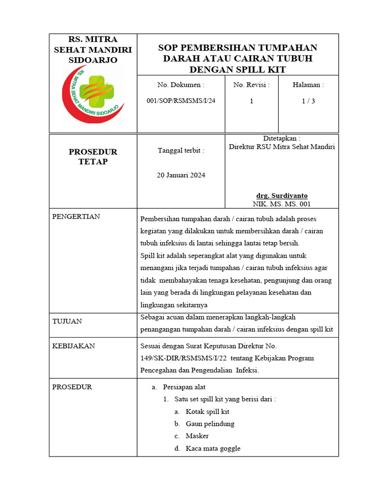 Spo Pembersihan Cairan Tubuh Atau Tumpahan Darah DG Spillkit RVS | PDF | Wellness | Science ...