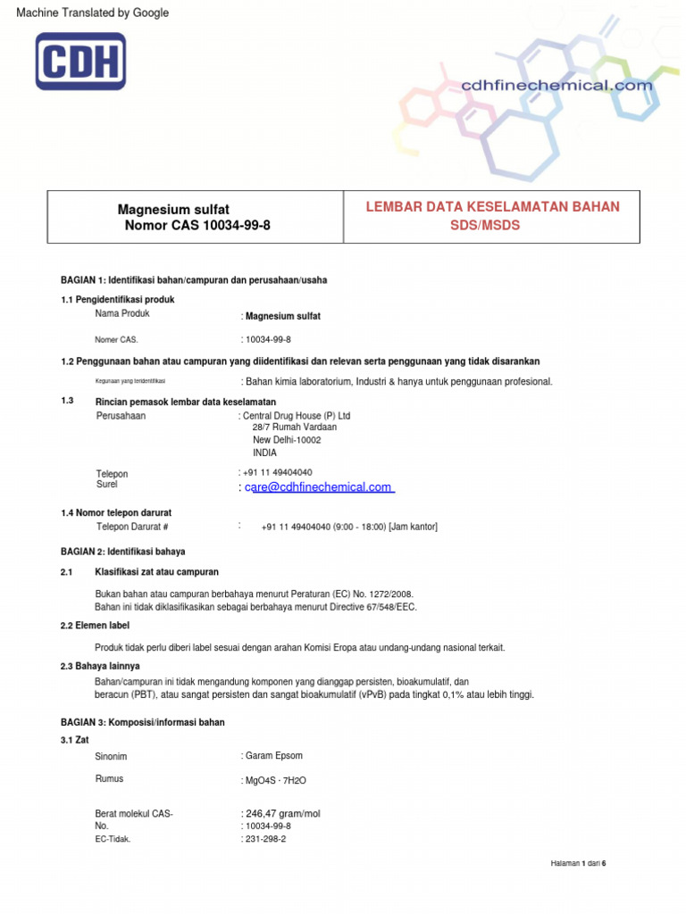SDS MagnesiumSulphate-CDH-Exp 2025 | PDF | Sains & Matematika