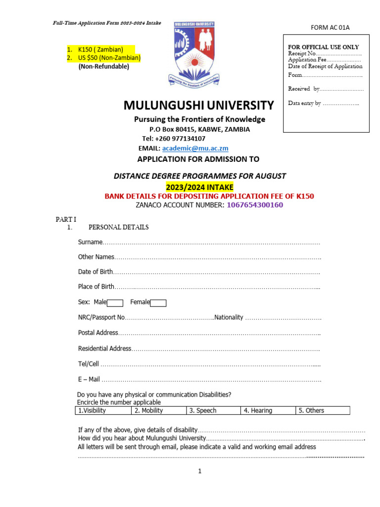 Mulungushi University 2023-2024 Application Form | PDF | Bachelor's Degree | Bachelor Of Science