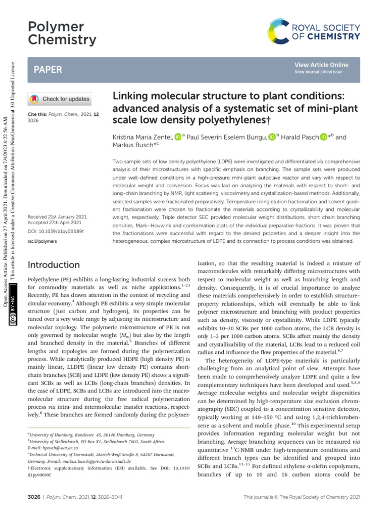 Linking molecular structure to plant conditions Polym. Chem., 2021, 12, | PDF | Polyethylene ...