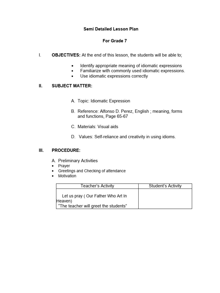 semi-detailed-lesson-plan-idioms | PDF | Idiom