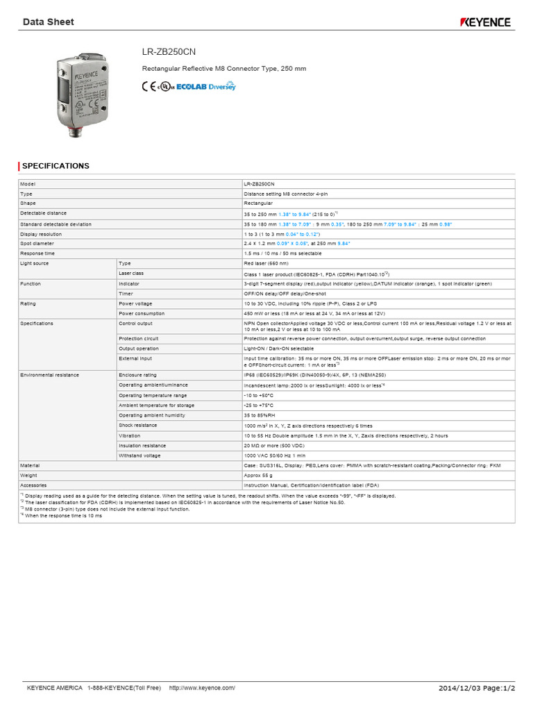 LR-ZB250CN M8 Connector Specifications | PDF