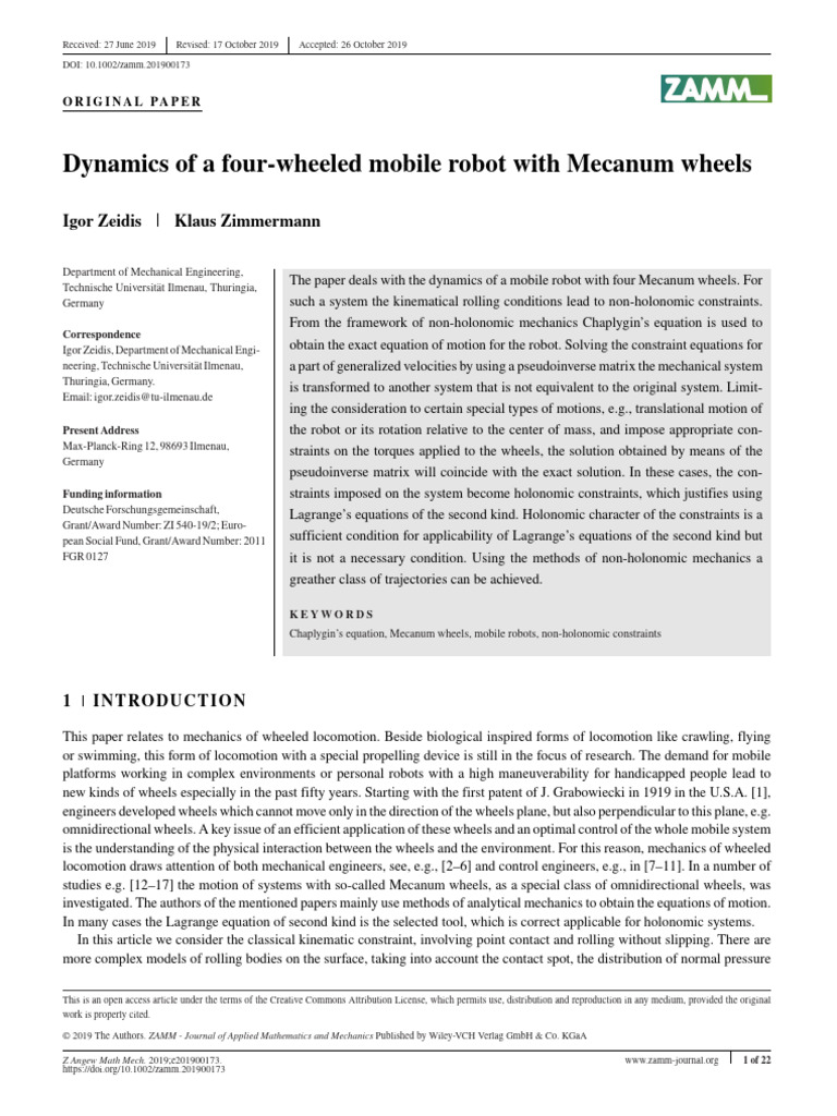 Dynamics of a Four-wheeled Mobile Robot With Mecan | PDF | Rotation Around A Fixed Axis | Mechanics