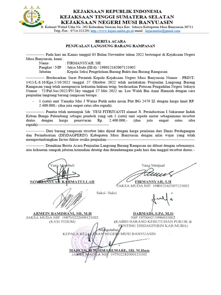 Contoh Surat Lelang Mobil Rampasan | PDF