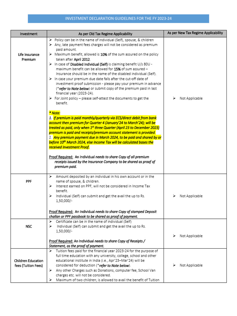 Guidelines For Investment Proof Submission - FY-2023-24 | PDF ...