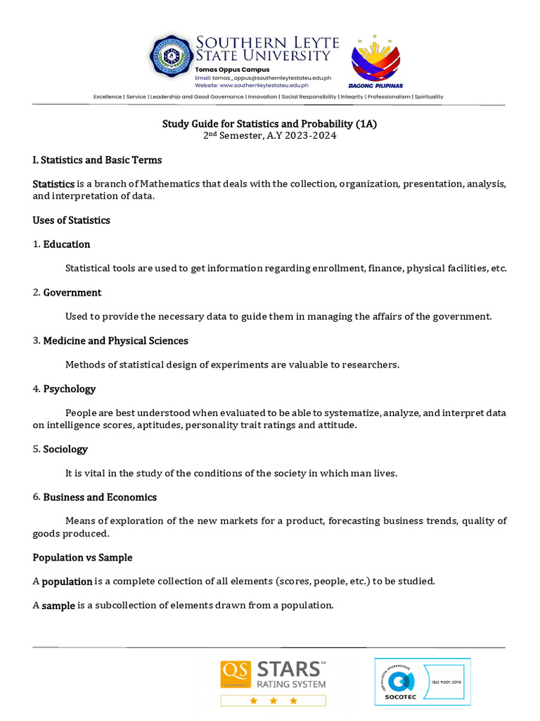 Statistics and Probability Study Guide 1.1.1 | PDF | Sampling ...