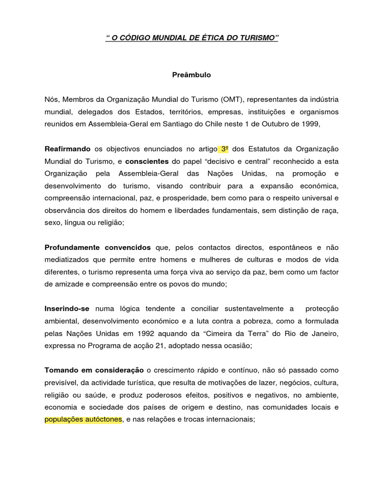 Código Mundial De ética Do Turismo Pdf Turismo Herança Cultural