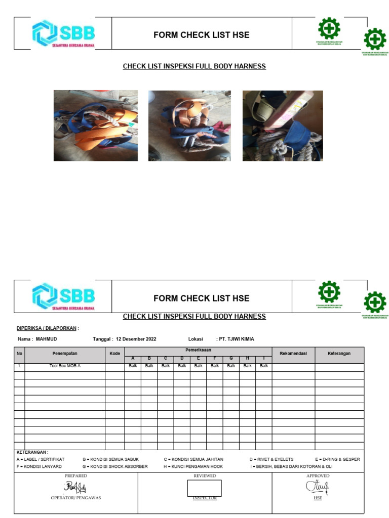 FORM INSPEKSI FULL BODY HARRNESS FIX | PDF