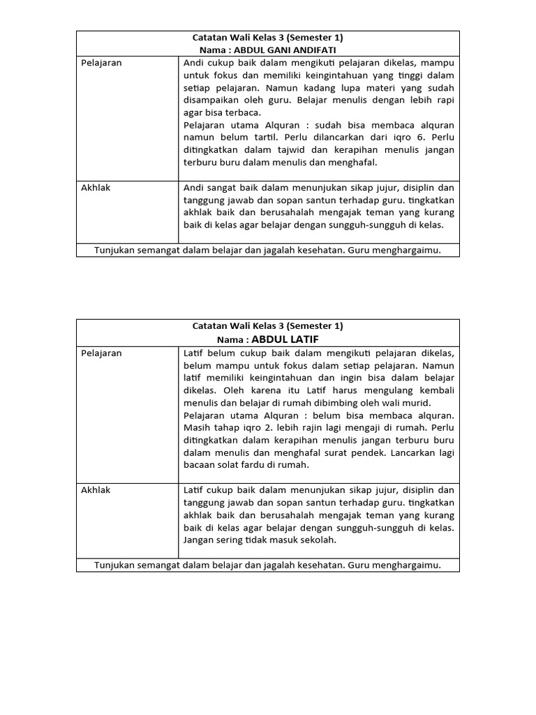 Catatan Rapot Kls 3 | PDF