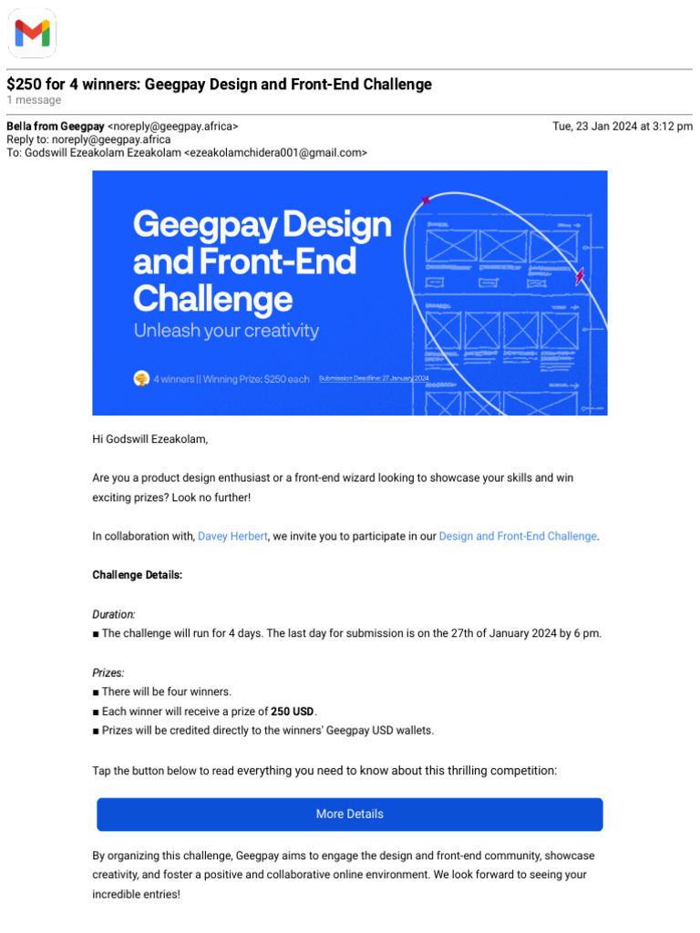Gmail - $250 For 4 Winners - Geegpay Design and Front-End Challenge | PDF | Career & Growth