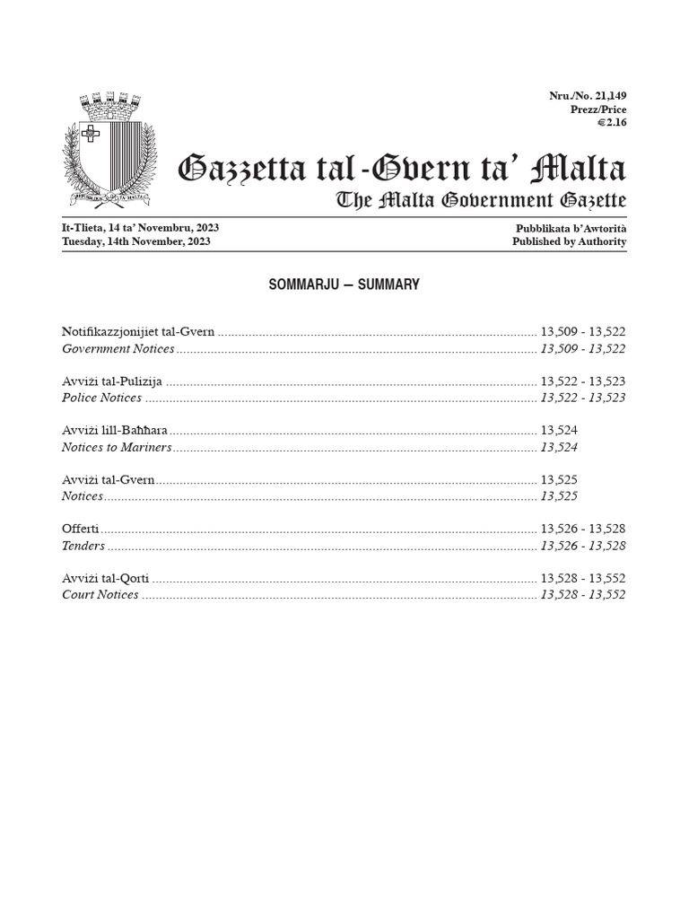 Malta Government Gazette Summary | PDF | Malta
