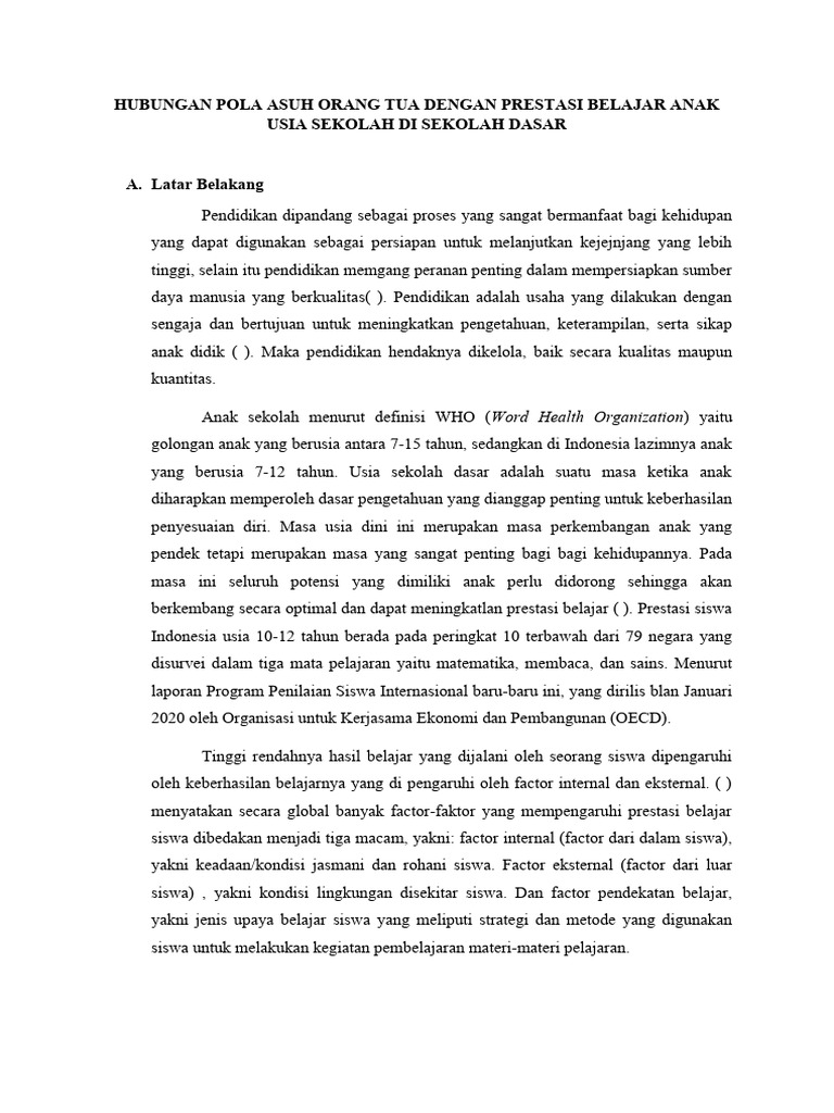 Hubungan Pola Asuh Orang Tua Dengan Prestasi Belajar Anak Usia Sekolah Di Sekolah Dasar | PDF ...