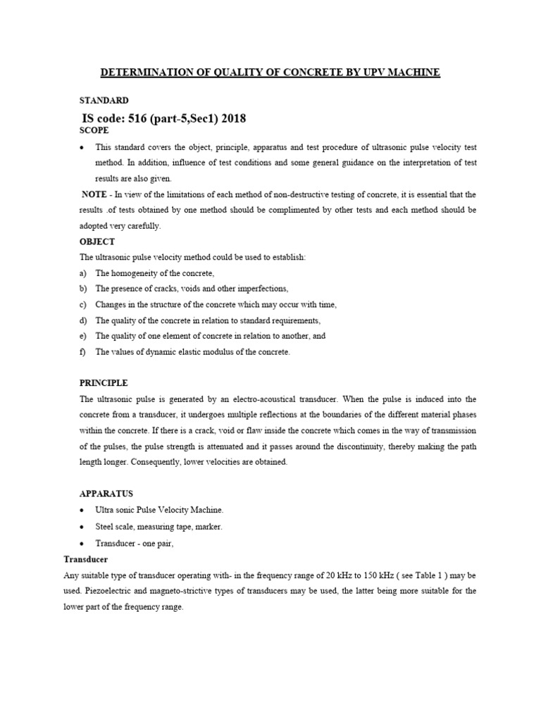 DETERMINATION OF QUALITY OF CONCRETE BY UPV MACHINE | PDF | Concrete ...