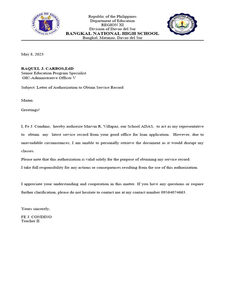 authorization letter-service record | PDF | Government