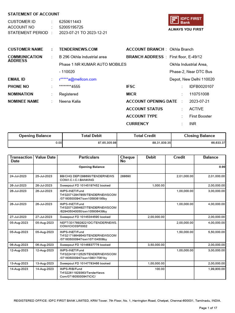 IDFCFIRSTBankstatement 52005195725 | PDF | Debits And Credits | Banks