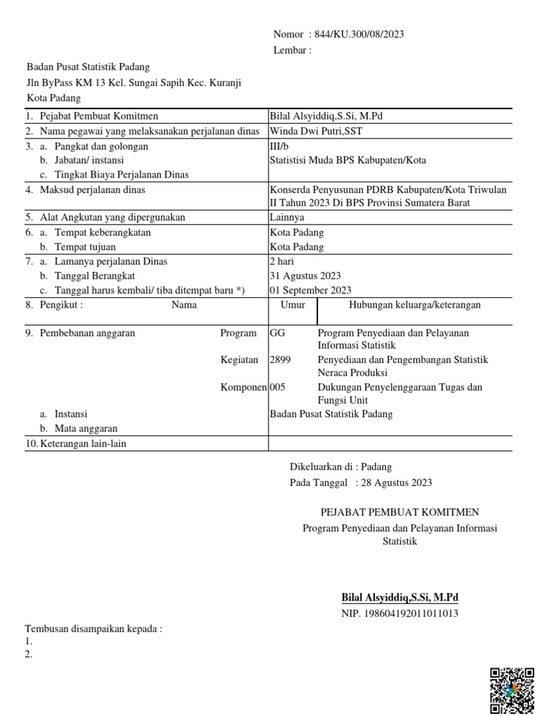 Perjalanan Dinas BPS Padang 2023 | PDF