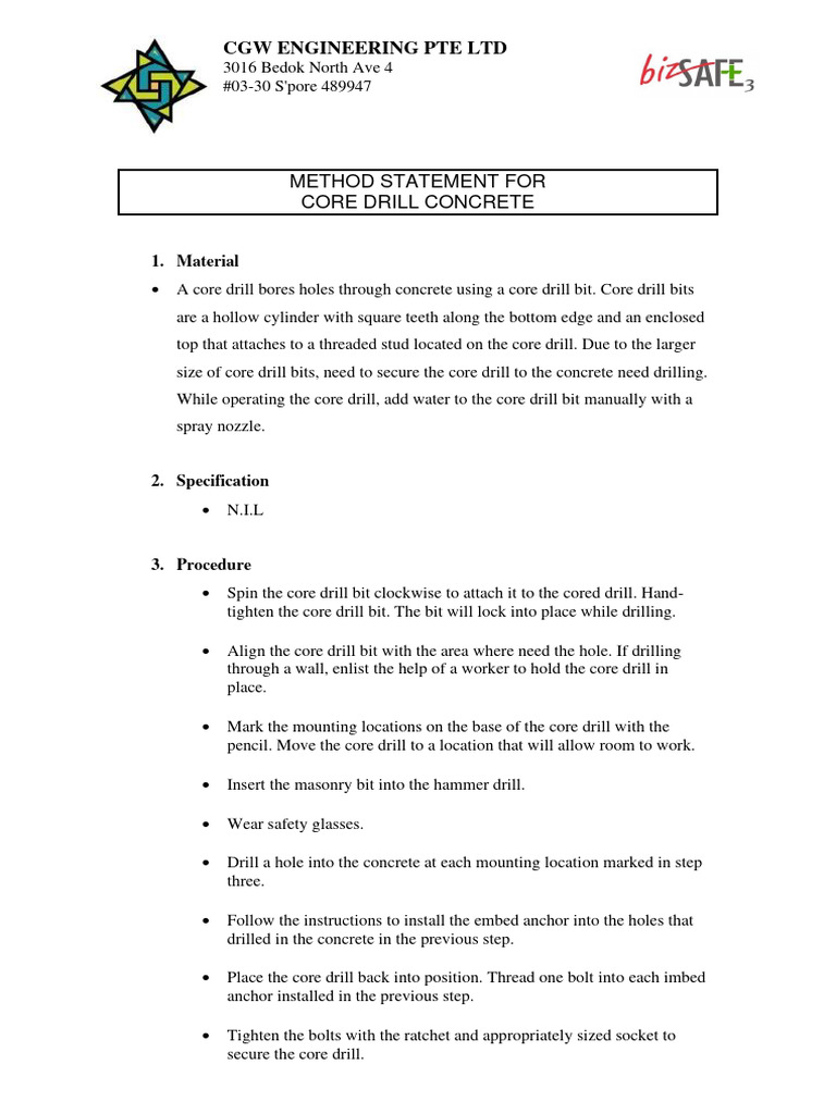 Core Drilling Method Statement Guide | PDF | Art