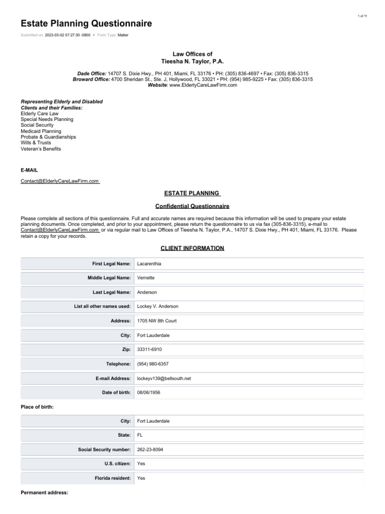 Completed Questionnaire 2 | PDF | Trust Law | Estate Planning