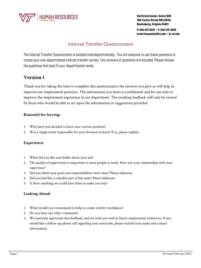 Internal Transfer Questionnaire | PDF