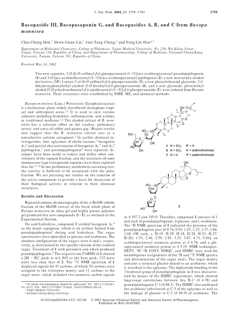 Bacopaside III, Bacopasaponin G, and Bacopasides A, B, and C | PDF ...
