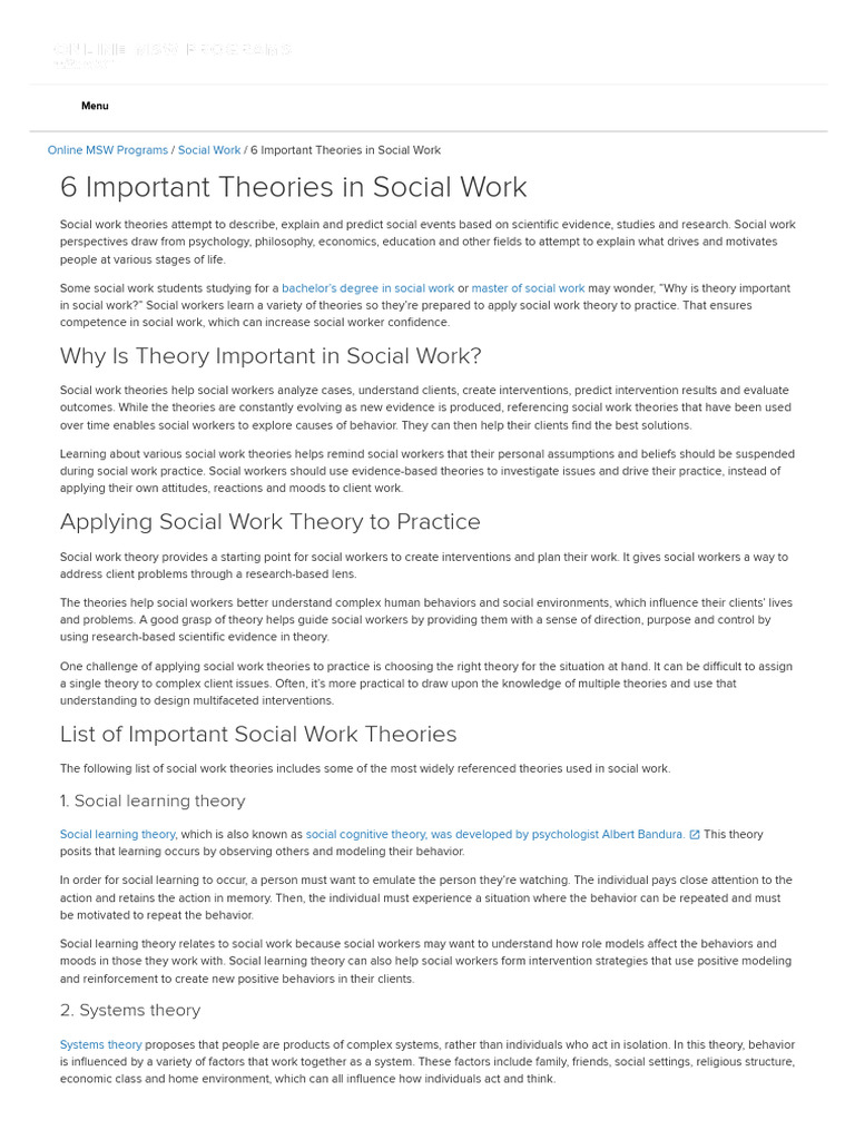 6 Important Theories In Social Work 6 Practice Models Pdf