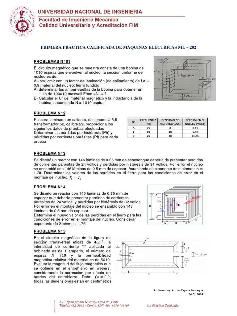 1ra Practica Calificada - 24!01!2024 | PDF | Inductor | Transformador