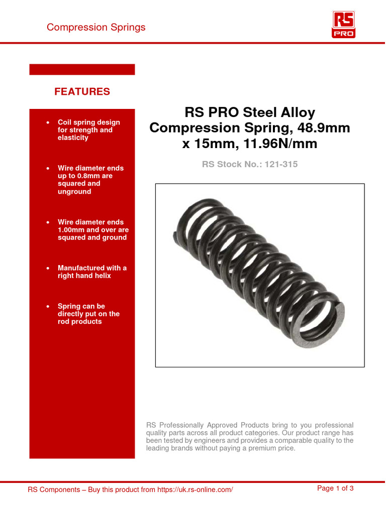 RS PRO Steel Alloy Compression Spring, 48.9mm X 15mm, 11.96N/mm | PDF