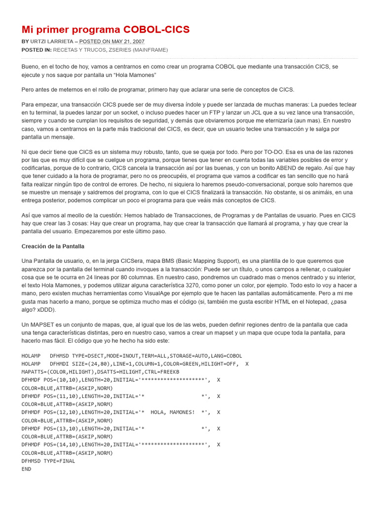 Mi Primer Programa COBOL-CICS | PDF