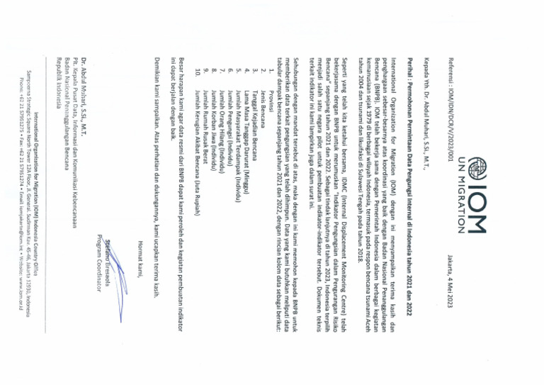 Surat Permintaan Data BNPB Untuk Indikator IDMC1 | PDF